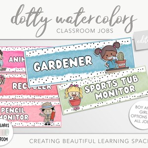 DOTTY WATERCOLOR Classroom Jobs Editable Bright Rainbow - Etsy