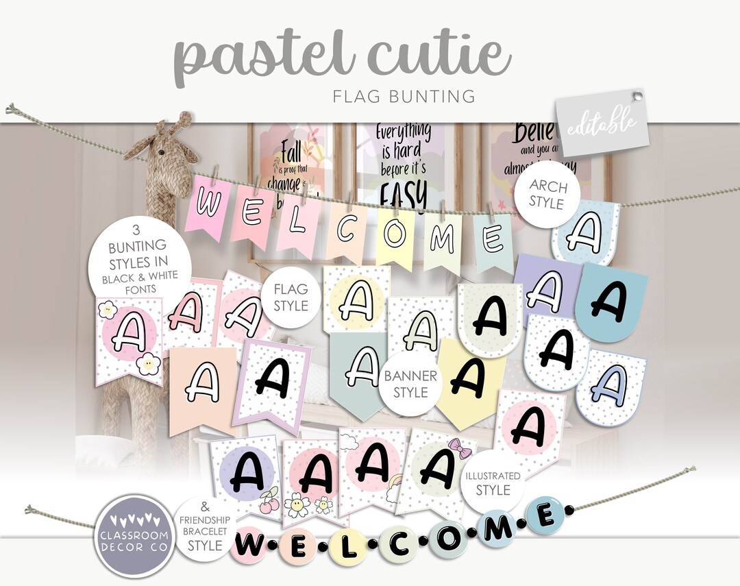 PASTEL CUTIE Flag Bunting, Classroom Header Lettering Display ...