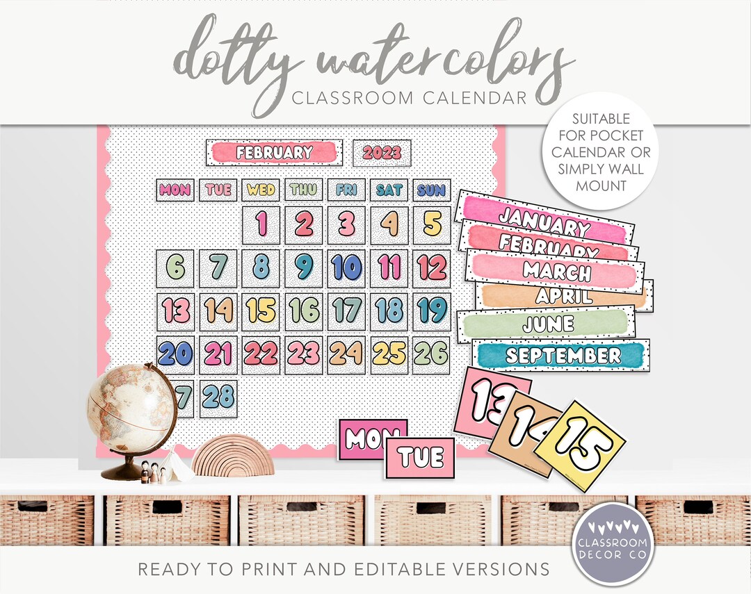 DOTTY WATERCOLOR Classroom Calendar Bright Rainbow Classroom - Etsy