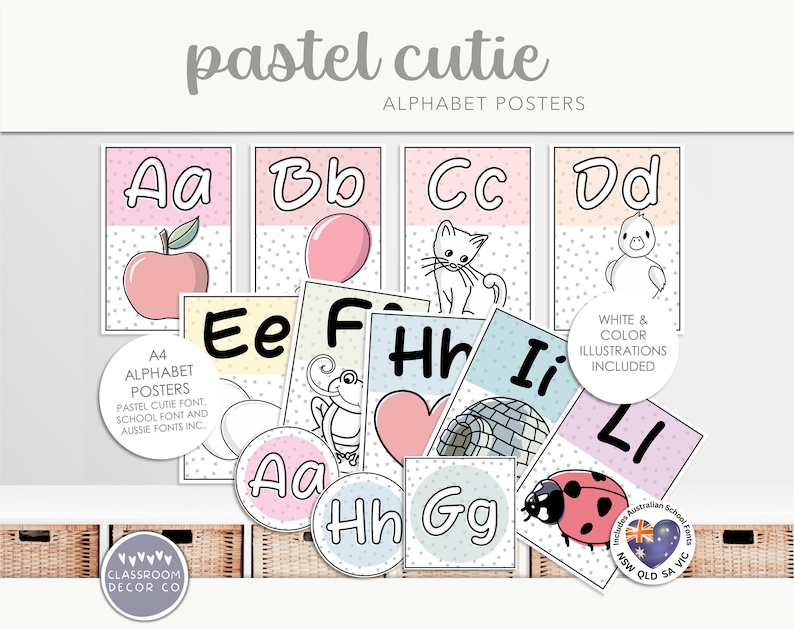 PASTEL CUTIE Alphabet Posters, Classroom Letters Display, Letter ...