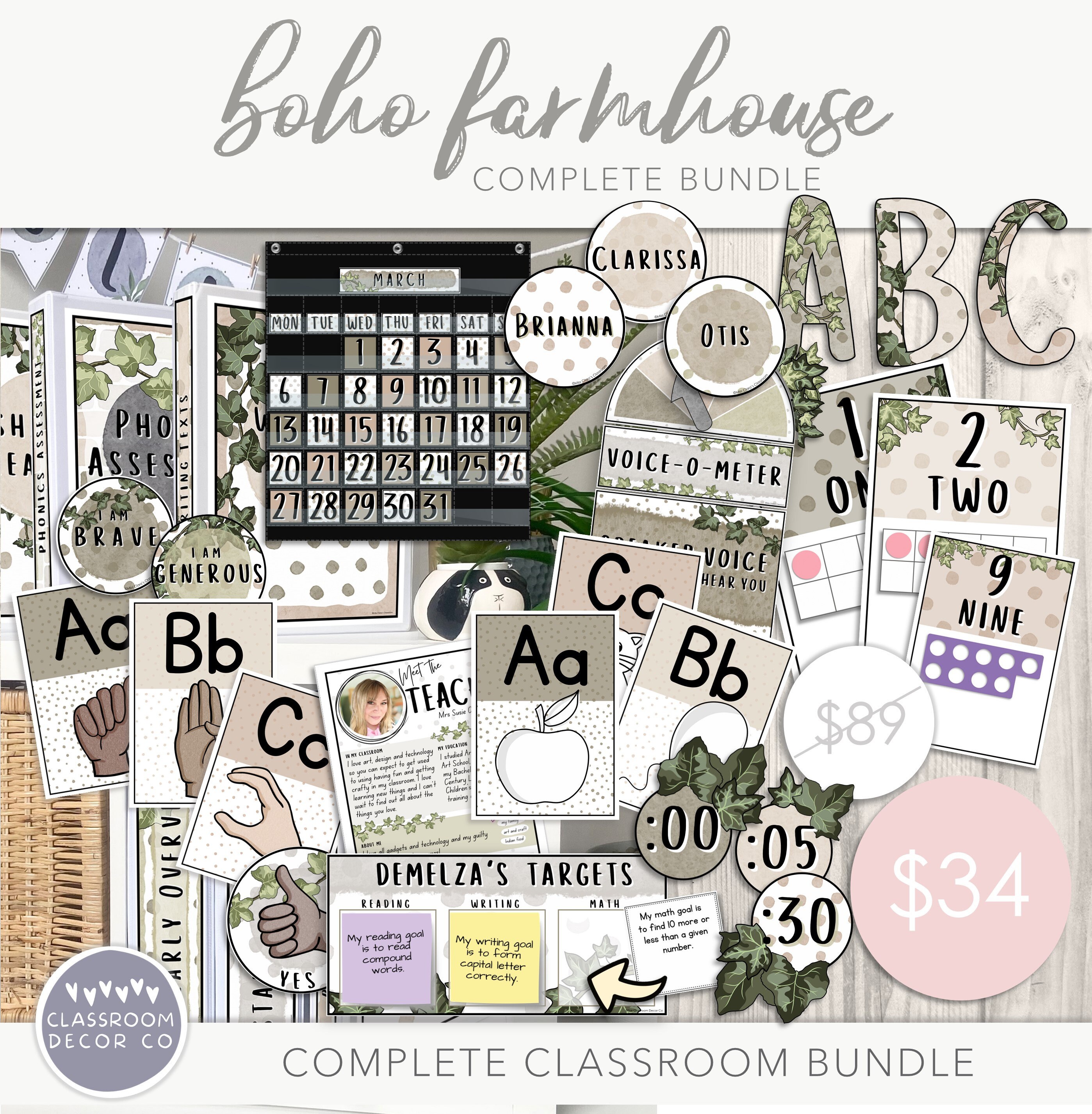 BOHO FARMHOUSE Complete Classroom Display Bundle Customizable - Etsy UK