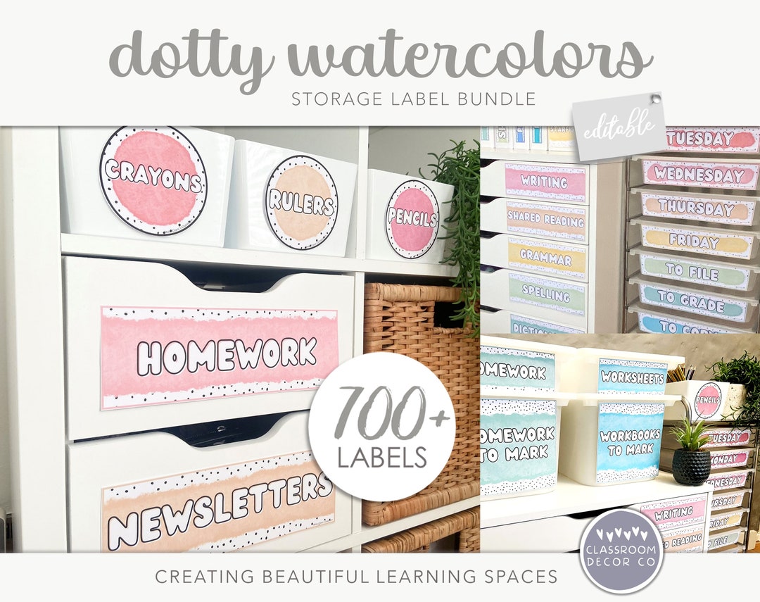 DOTTY WATERCOLOR Storage Label Bundle, Editable, Bright Rainbow ...