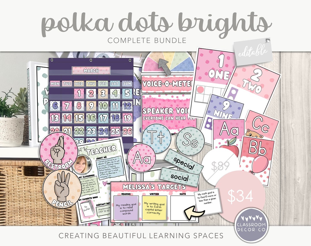 POLKA DOTS ‘BRIGHTS’ Complete Classroom Display Bundle, Customizable ...