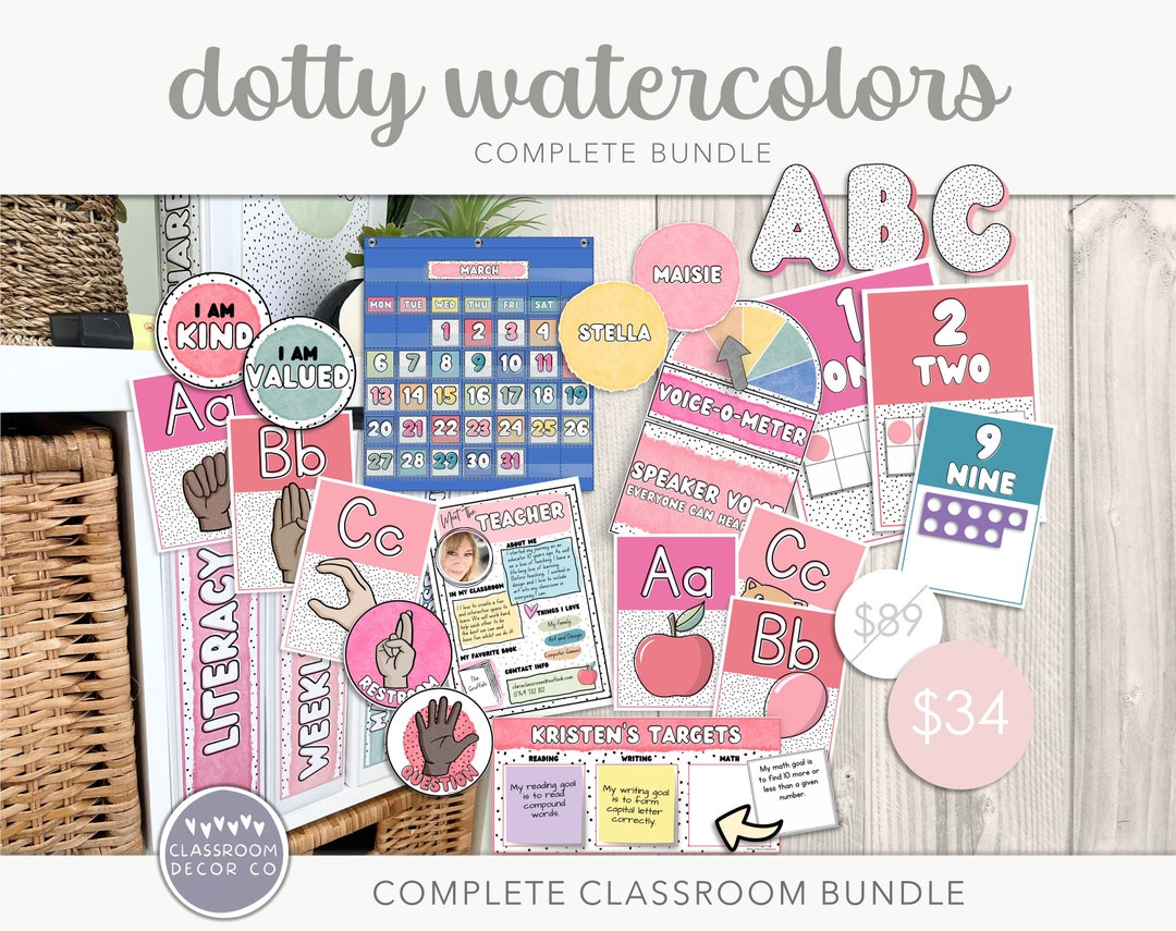DOTTY WATERCOLOR Complete Bundle, Classroom Labels, Custom Classroom ...