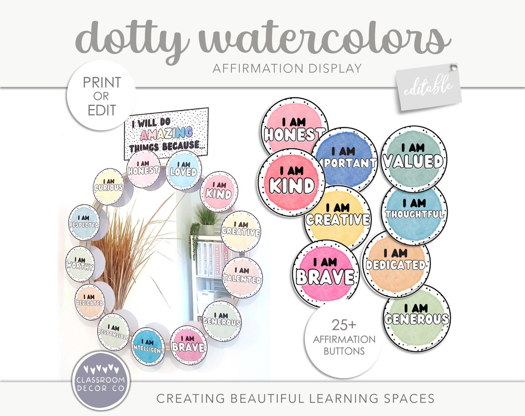 DOTTY WATERCOLOR Affirmation Display, Classroom Editable Self-esteem ...