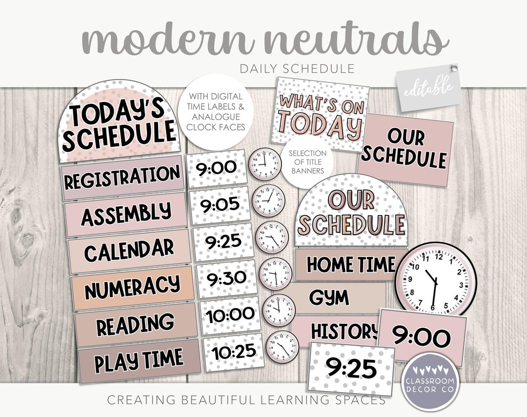 MODERN NEUTRALS Daily Schedule, Classroom Timetable Display Organizer ...