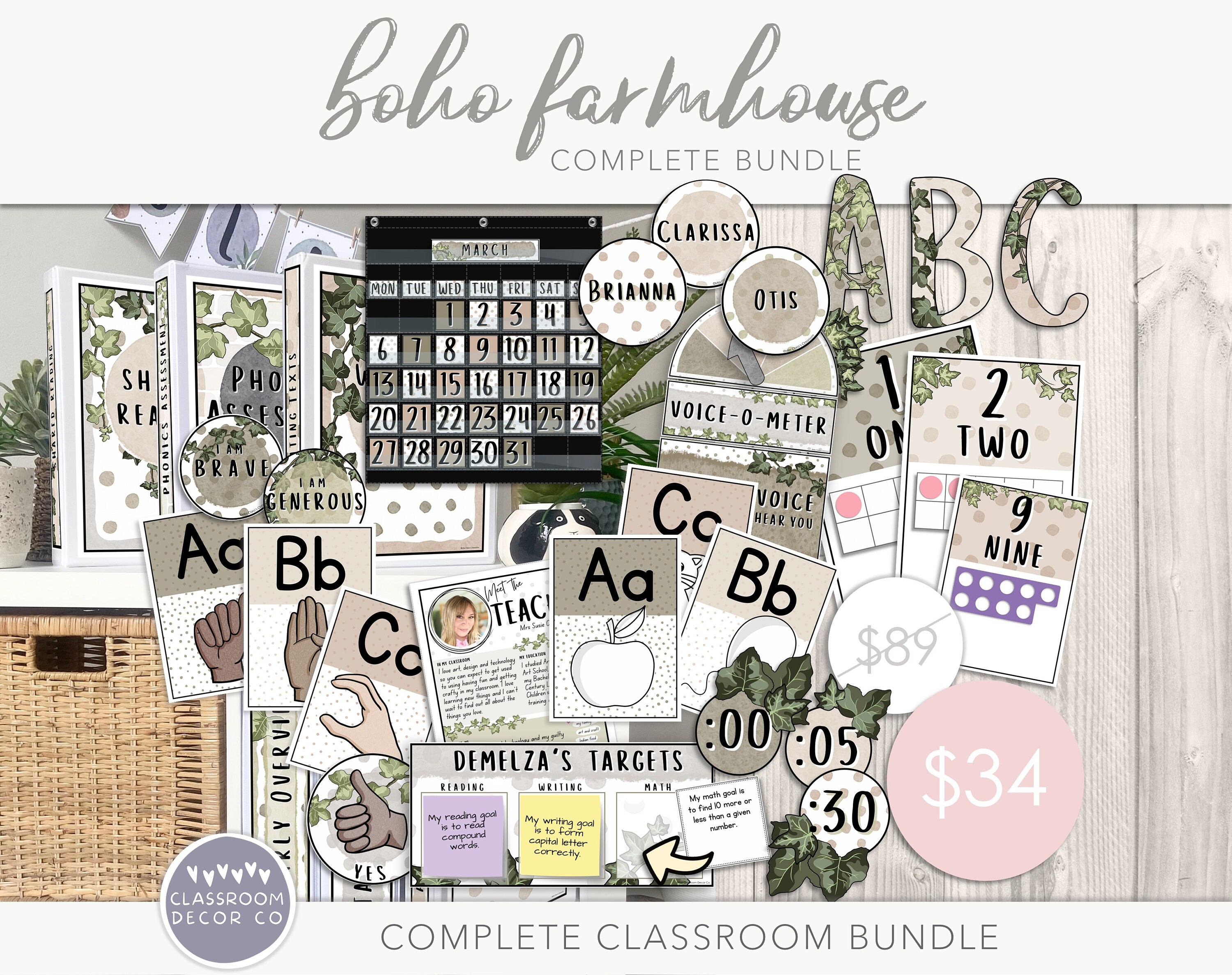 BOHO FARMHOUSE Complete Classroom Display Bundle Customizable - Etsy ...