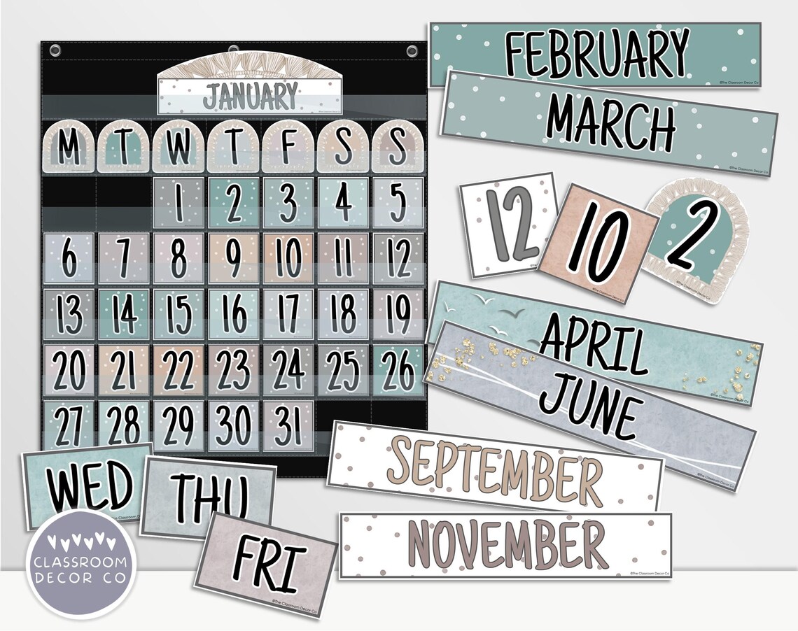 BEACHY BOHO Classroom Calendar, Modern Boho Display, Neutral Decor ...