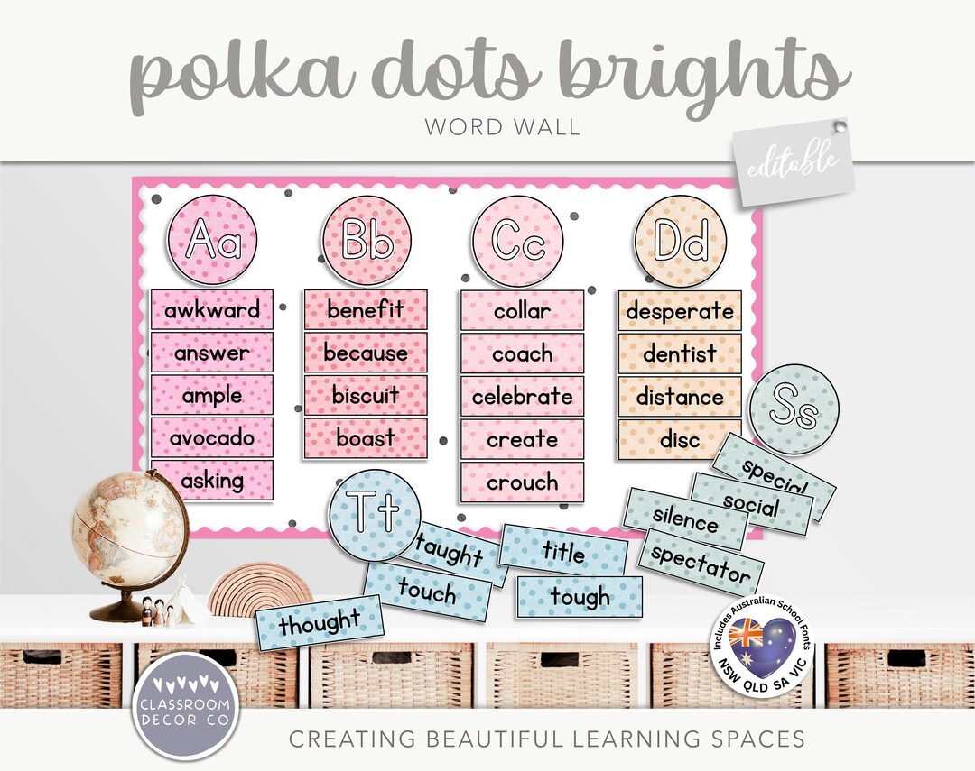 POLKA DOTS ‘BRIGHTS’ Word Wall, Editable Vocabulary Display, Editable ...