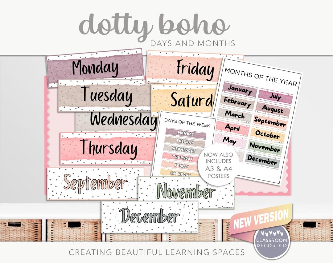 DOTTY BOHO Days and Months Display, Classroom Printables, Classroom ...