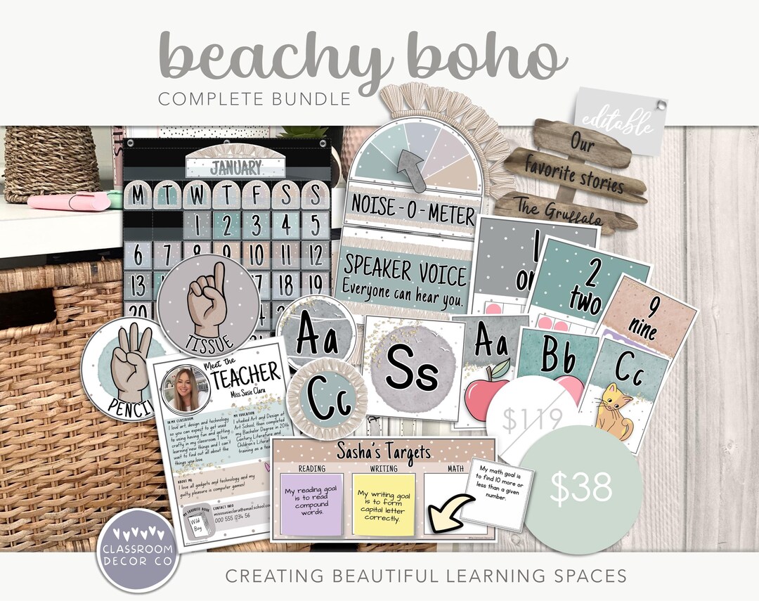 BEACHY BOHO Complete Classroom Display Bundle, Customizable Display ...