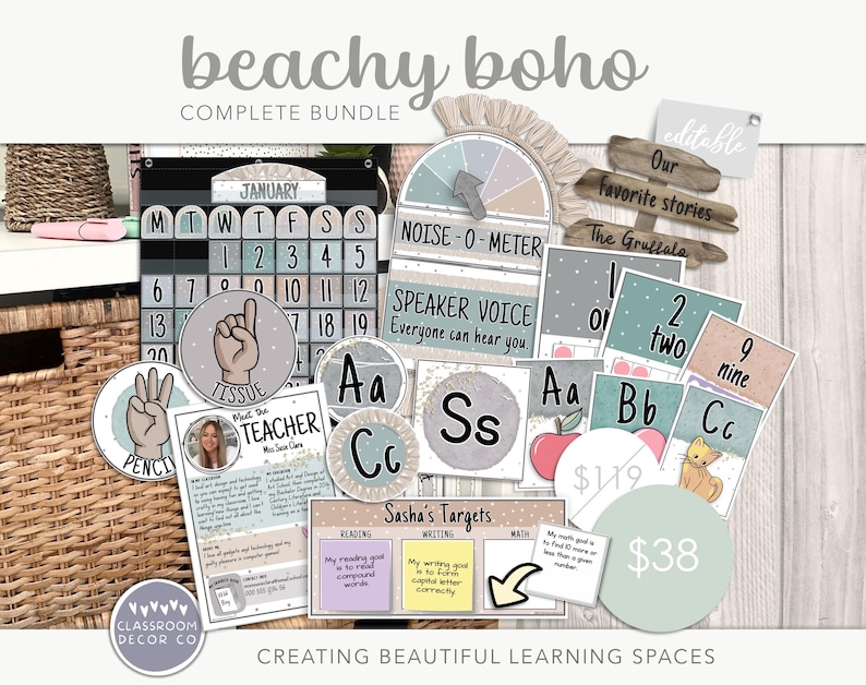 BEACHY BOHO Complete Classroom Display Bundle, Customizable Display ...