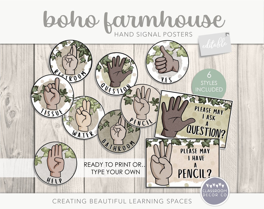 BOHO FARMHOUSE Hand Signal Posters, Editable Classroom Communication ...