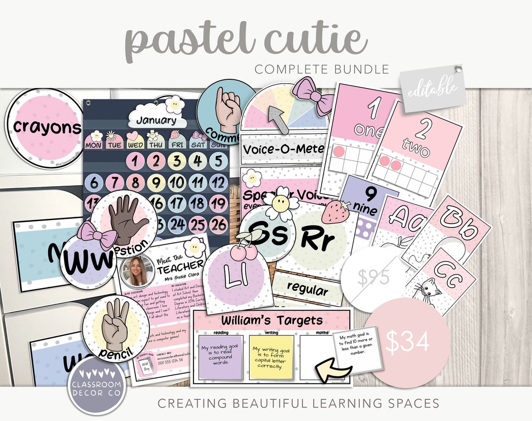 PASTEL CUTIE Complete Classroom Display Bundle, Customizable Display ...