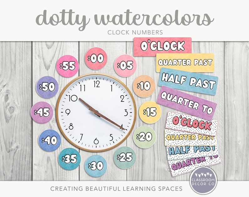 DOTTY WATERCOLOR Clock Numbers, Clock Printables, Classroom Printables ...