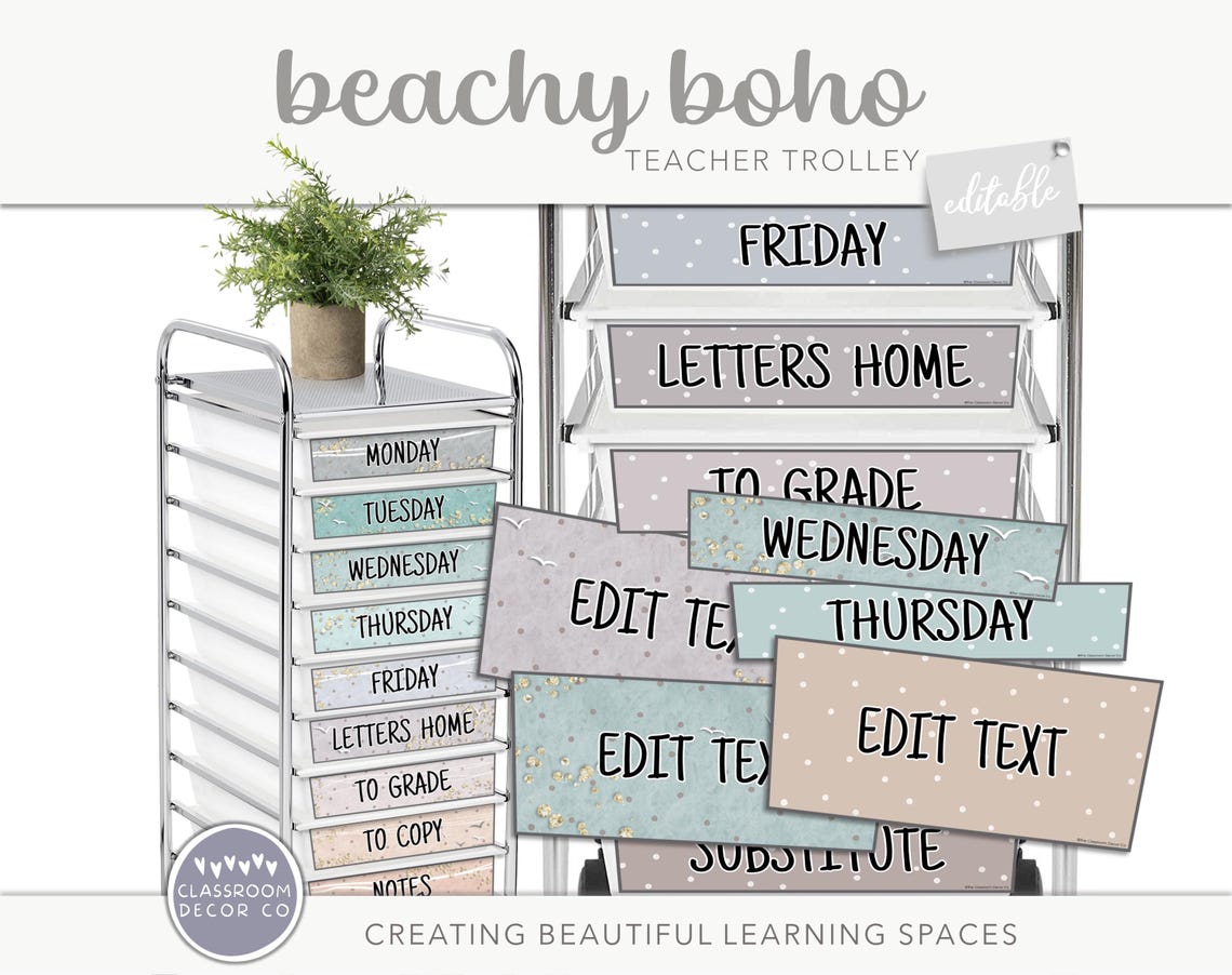 BEACHY BOHO Teacher Trolley Labels, 10 Drawer Rolling Cart Label Bundle ...