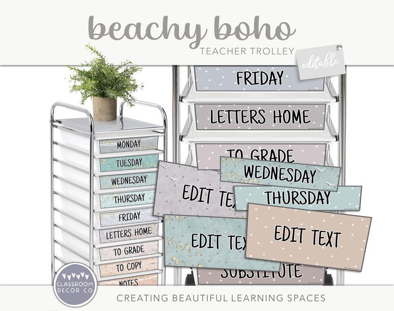 BEACHY BOHO Teacher Trolley Labels, 10 Drawer Rolling Cart Label Bundle ...