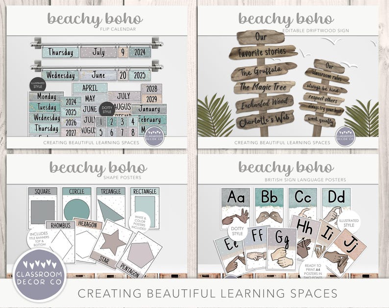 BEACHY BOHO Complete Classroom Display Bundle, Customizable Display ...
