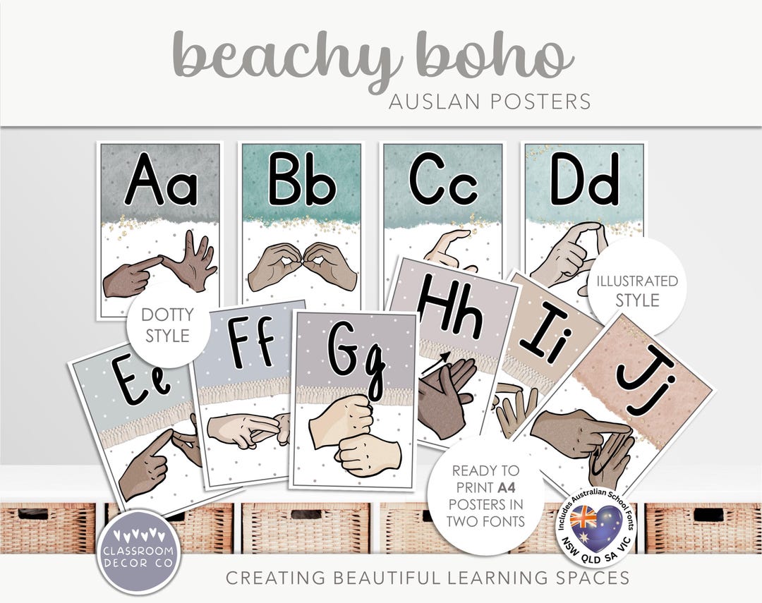 BEACHY BOHO Auslan Sign Language Posters, AUSLAN Display, Inclusive ...