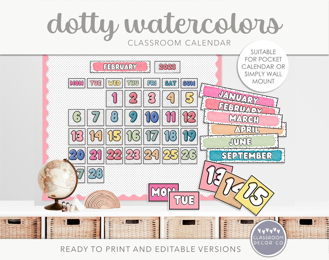DOTTY WATERCOLOR Classroom Calendar, Bright Rainbow Classroom Calendar ...