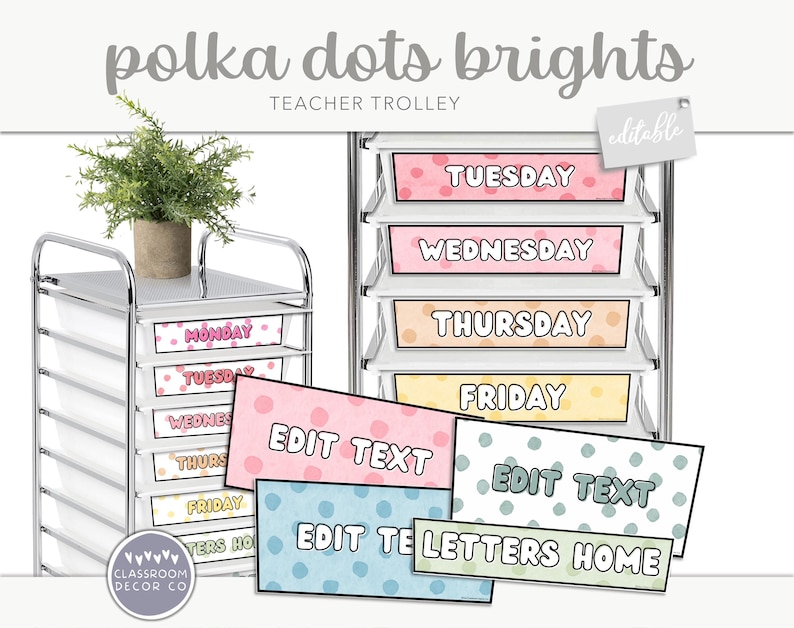 POLKA DOTS ‘BRIGHTS’ Teacher Trolley Labels, 10 Drawer Rolling Cart ...