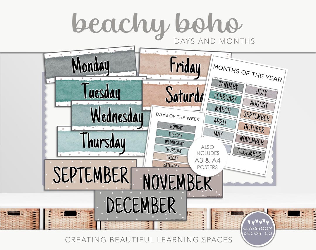 BEACHY BOHO Days and Months Display, Days of the Week Display, Months ...