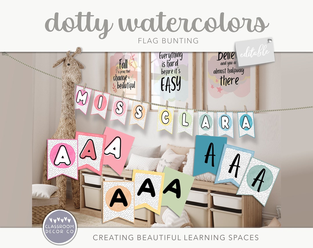 DOTTY WATERCOLOR Bunting, Editable, Bright Rainbow Classroom Decor - Etsy