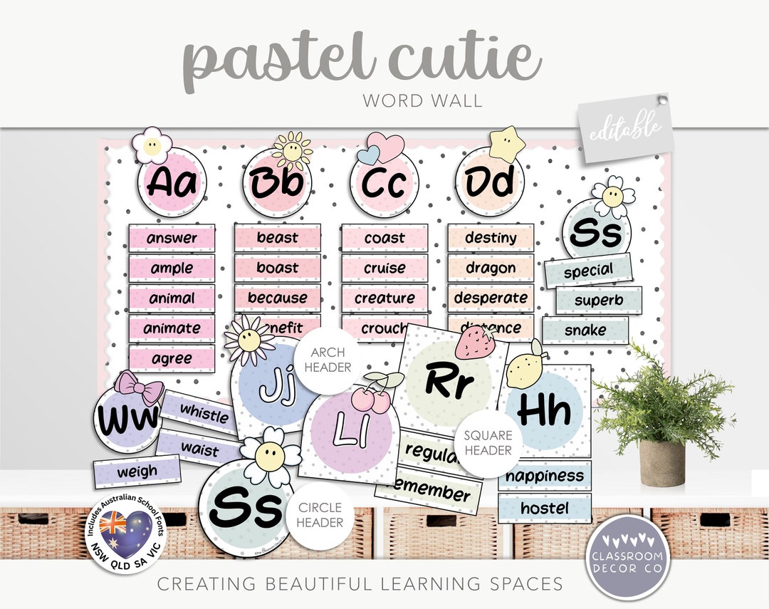PASTEL CUTIE Word Wall, Editable Vocabulary Display, Customizable Class ...