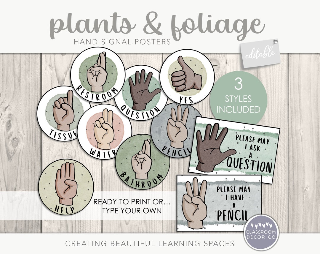 PLANTS & FOLIAGE Hand Signal Posters, Editable Classroom Communication ...