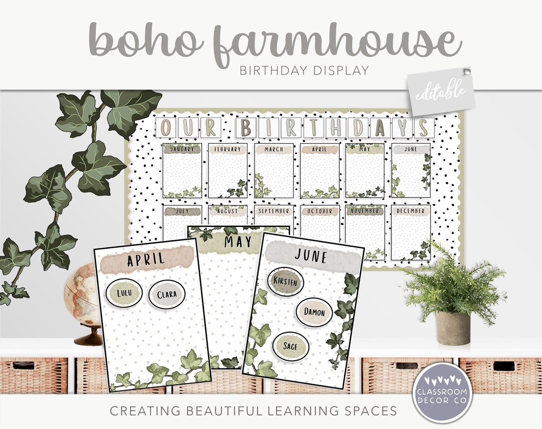 BOHO FARMHOUSE Birthday Display, Celebration Classroom Display, Modern ...