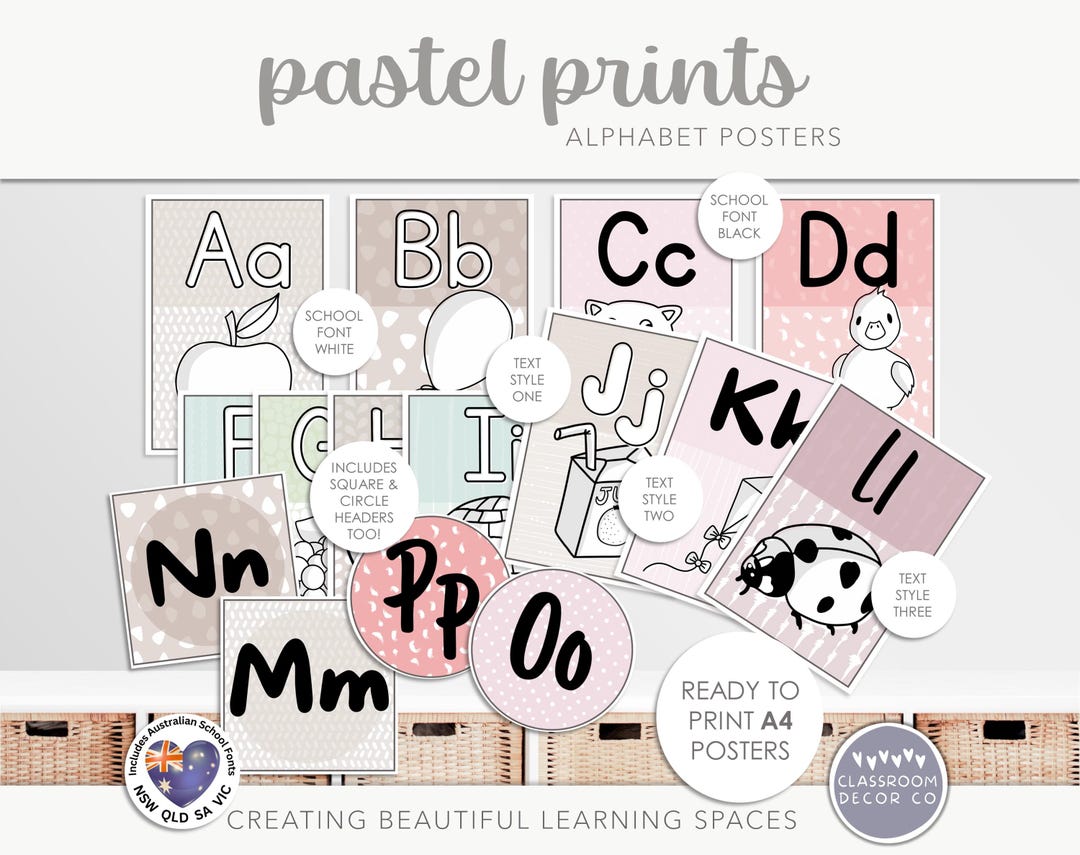 PASTEL PRINTS Alphabet Posters, Classroom Letters Display, Letter ...