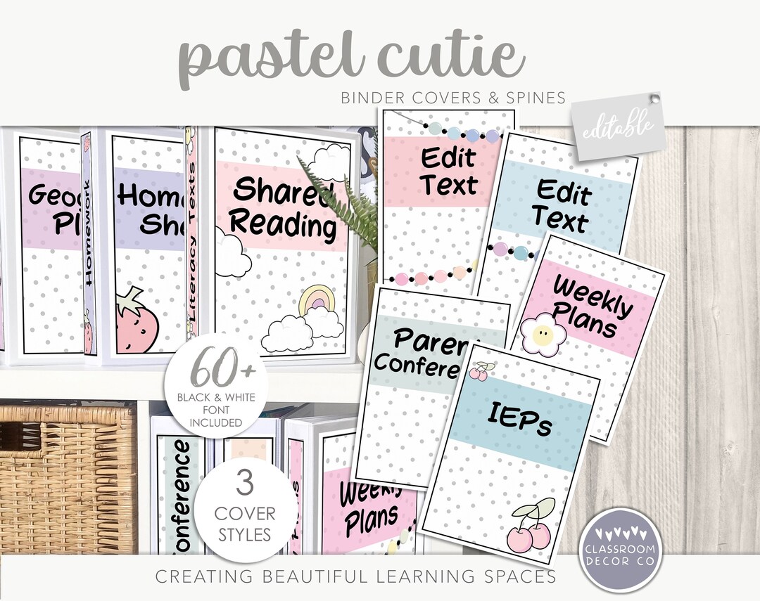 PASTEL CUTIE Binder Covers and Spines, Folder Filing Inserts, Classroom ...