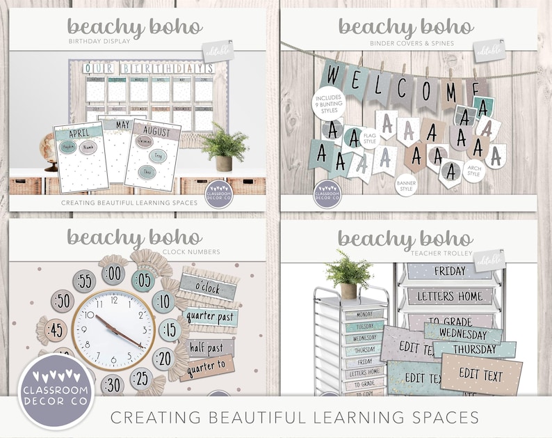 BEACHY BOHO Complete Classroom Display Bundle, Customizable Display ...