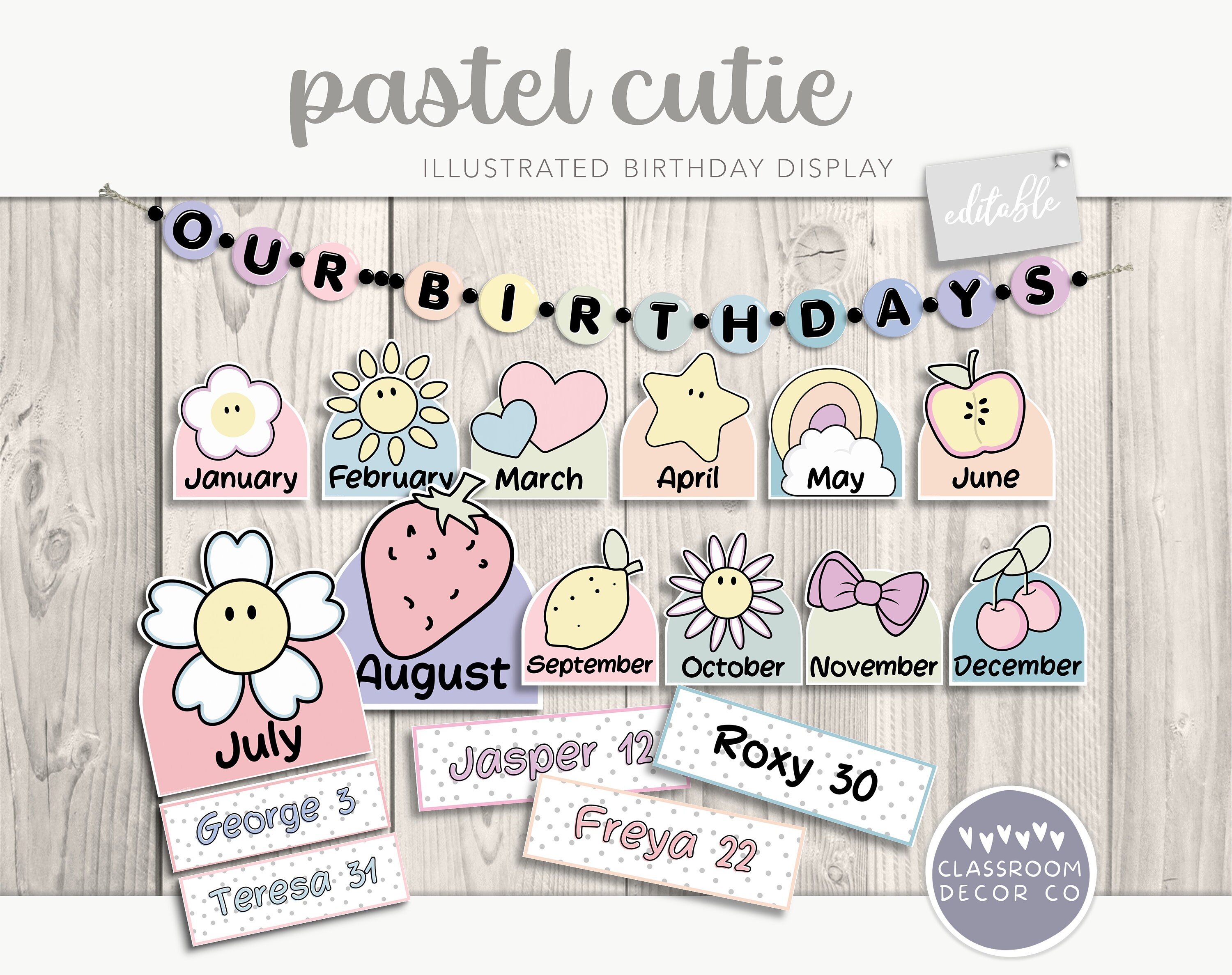 PASTEL CUTIE Illustrated Birthday Display, Celebration Classroom ...