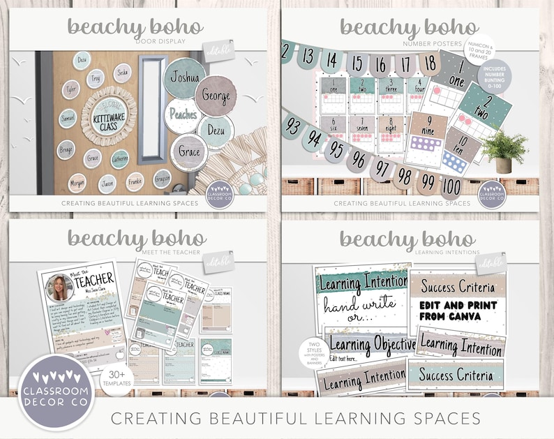 BEACHY BOHO Complete Classroom Display Bundle, Customizable Display ...