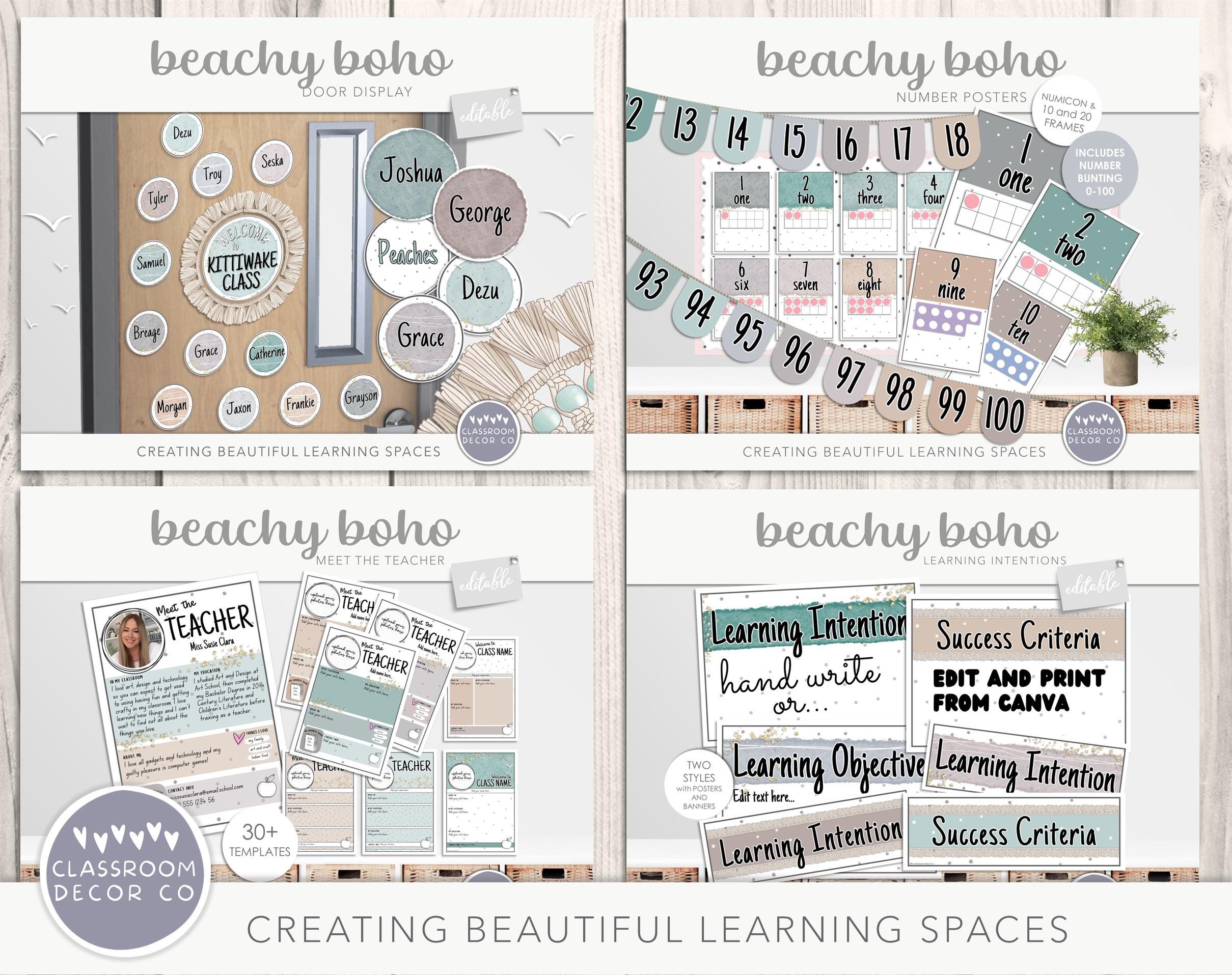 BEACHY BOHO Complete Classroom Display Bundle, Customizable Display ...