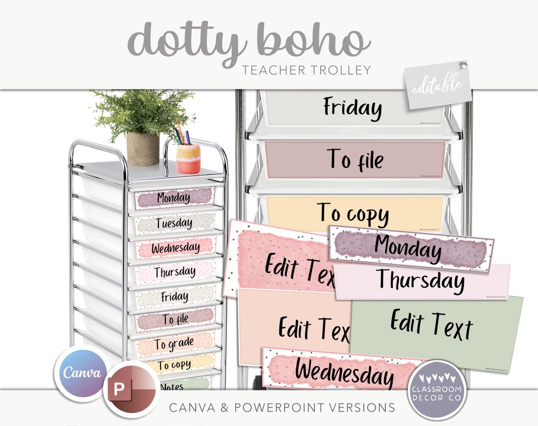 DOTTY BOHO Teacher Rolling Cart Labels, Editable, Neutral Classroom ...