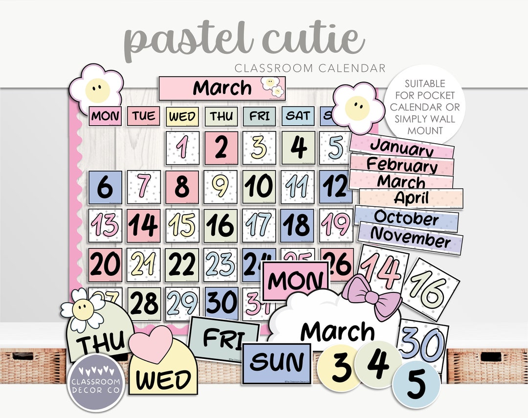 PASTEL CUTIE Classroom Calendar, Bright Rainbow Classroom Diary Display ...