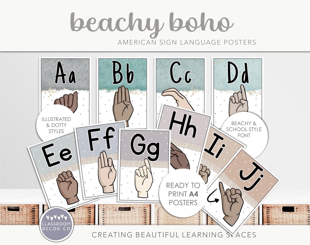 BEACHY BOHO American Sign Language Posters, ASL Display Posters ...
