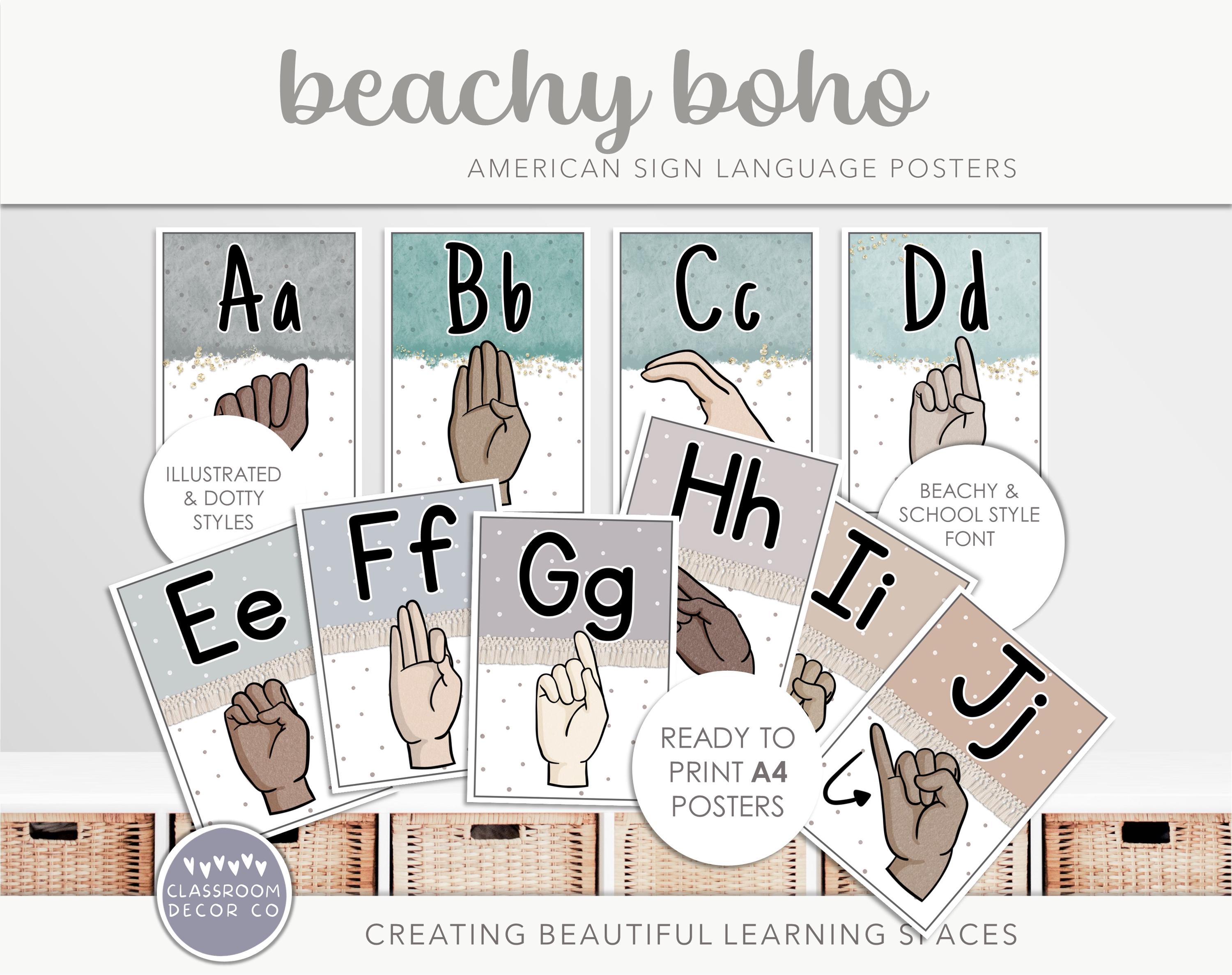 BEACHY BOHO American Sign Language Posters, ASL Display Posters ...