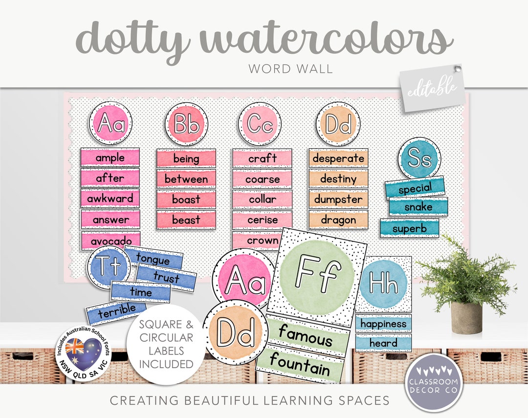 DOTTY WATERCOLOR Word Wall, Editable, Vocabulary Wall, Bright Rainbow ...