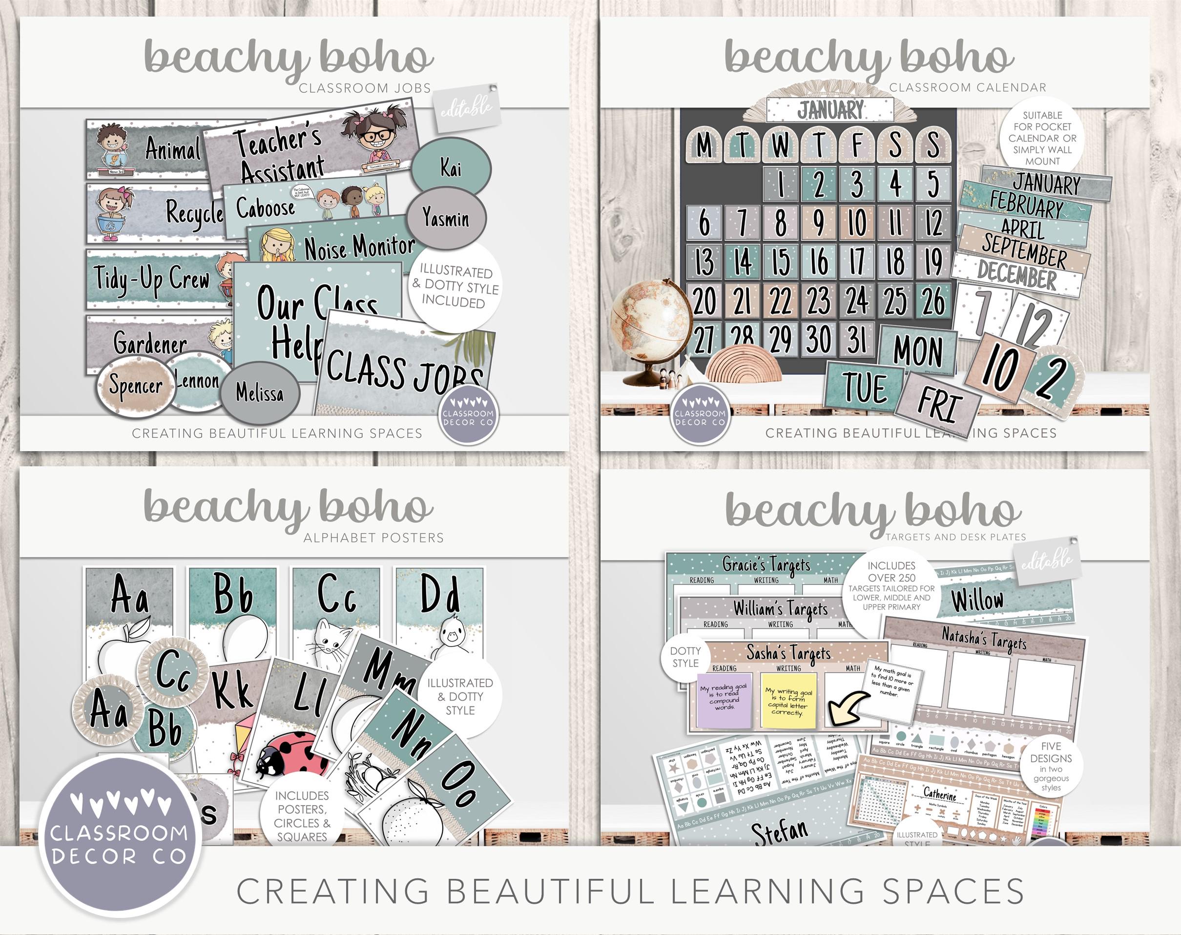 BEACHY BOHO Complete Classroom Display Bundle, Customizable Display ...