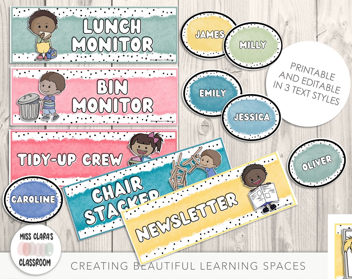 DOTTY WATERCOLOR Classroom Jobs, Editable, Bright Rainbow Classroom ...