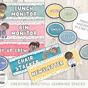 DOTTY WATERCOLOR Classroom Jobs, Editable, Bright Rainbow Classroom ...
