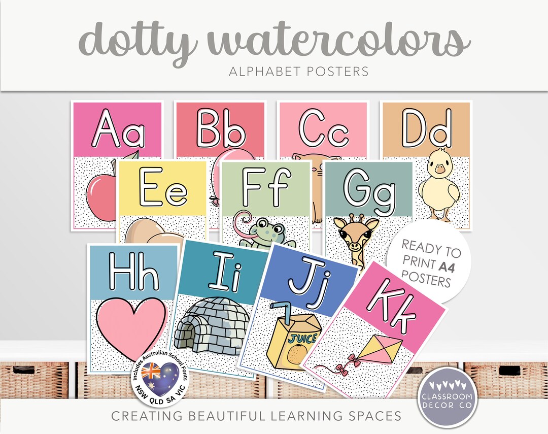 DOTTY WATERCOLOR Alphabet Posters, Classroom Letters Display, Letter ...