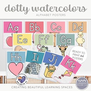 DOTTY WATERCOLOR Alphabet Posters, Classroom Letters Display, Letter ...
