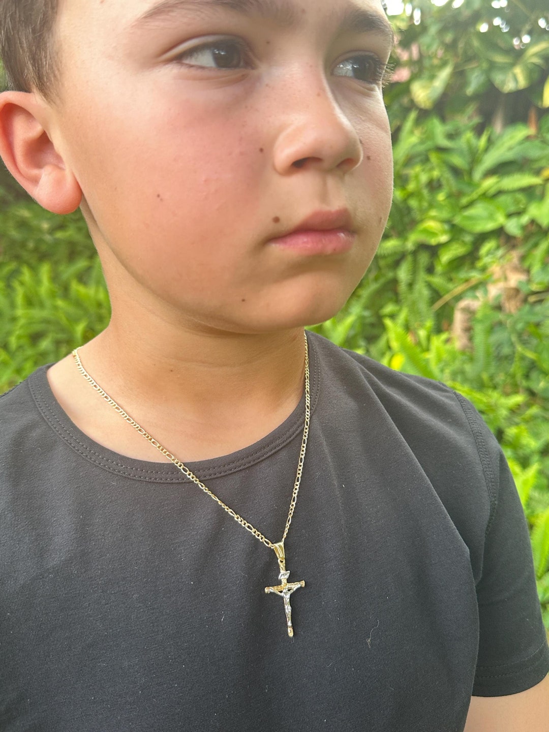 18K Toddler Boy Cross Chain, Ready to Ship, Figaro Necklace With Cross ...