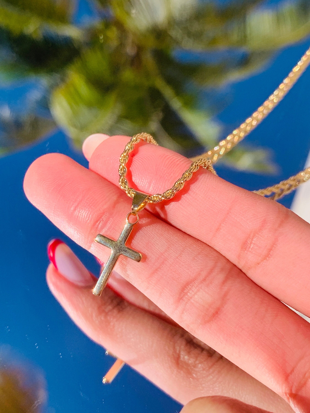 18K Gold Cross Necklace for Boy, Rope Chain With Simple Cross ...