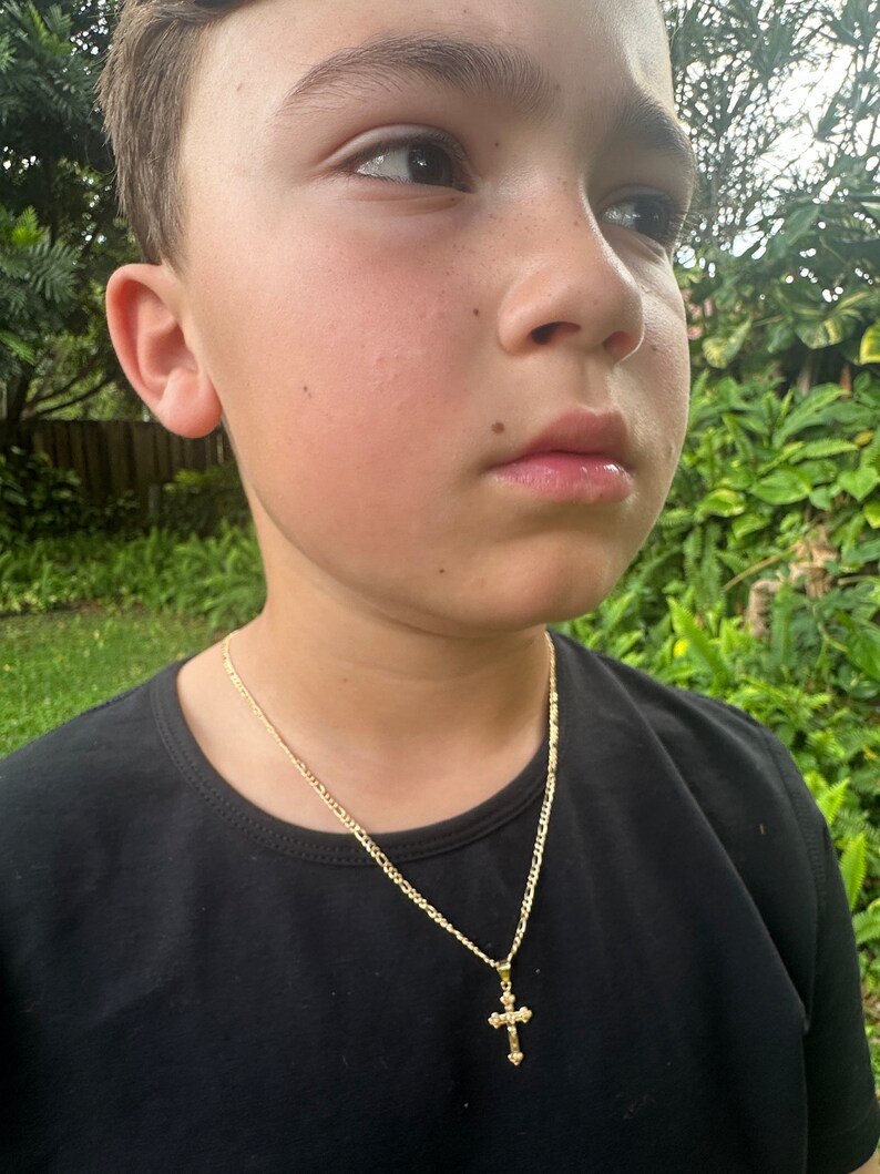 18K Toddler Boy Cross Necklace, Figaro Chain With Cross, Kids Gold ...