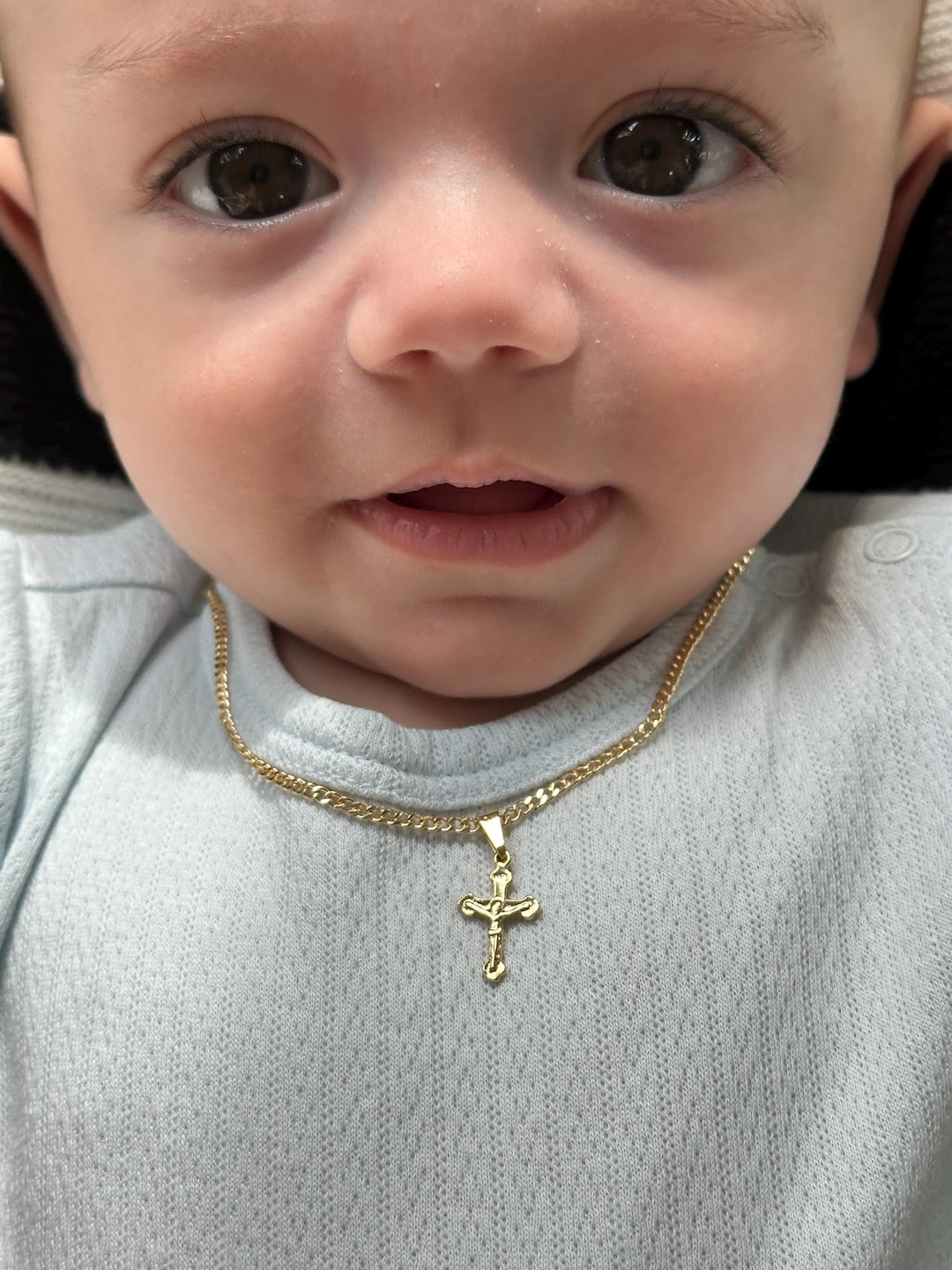 18K Gold Cross Necklace for Baby, Gold Filled Crucifix on Figaro Chain ...